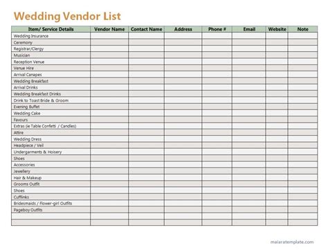 Free Printable Wedding Vendor List Template