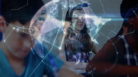 Students In Classroom With Digital Globe And Network Connections