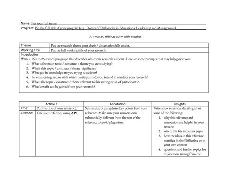 Annotated Bibliography Template With Instructions Name Put Your Full