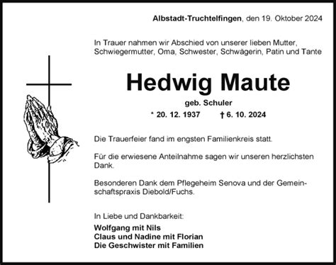Traueranzeigen Von Hedwig Maute Schwaebischede Trauerportal
