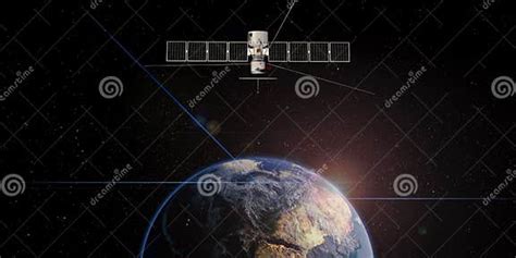 Communication Satellite Floating In Space With A Globe In The Background Transmitting Via