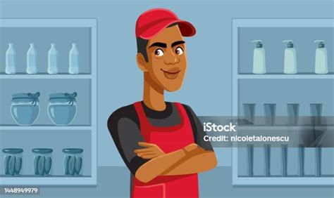 Happy Supermarket Worker Standing In The Store Vector Cartoon