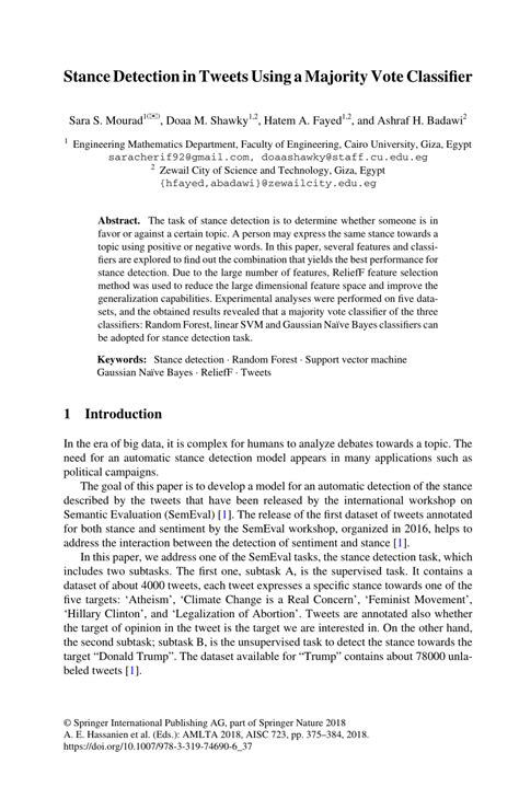 Pdf Stance Detection In Tweets Using A Majority Vote Classifier