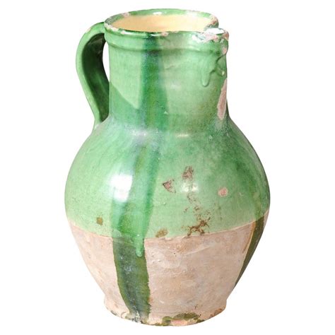 French Provincial 19th Century Green Glazed Pottery Jug With Handle And