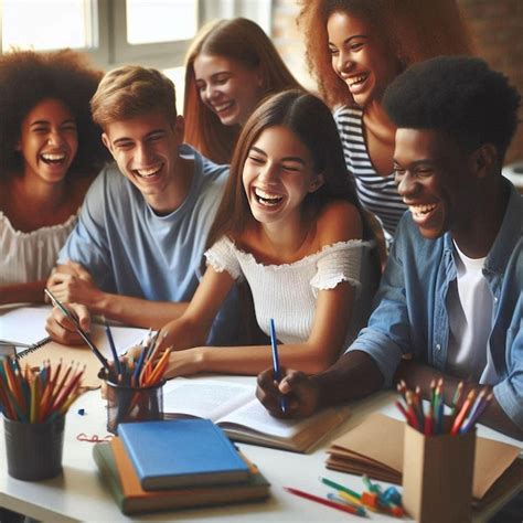 Students Laughing And Studying In Class Premium Ai Generated Image