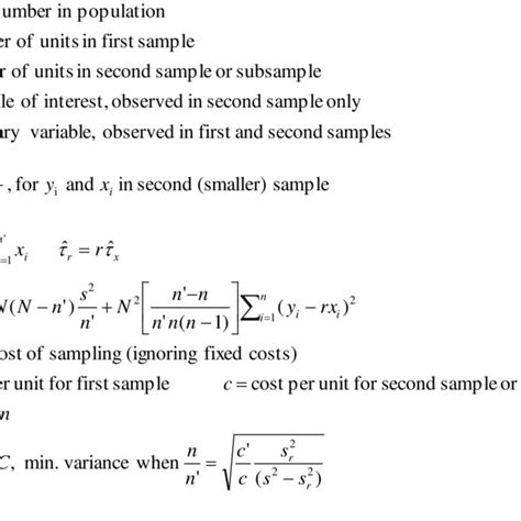Notation And Equations Used In Double Sampling Ratio Estimation Method Download Scientific
