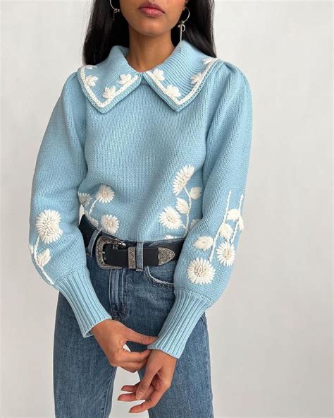 Embroidered Blue Sweater For Fall Blue Sweater Embroidery Knitwear