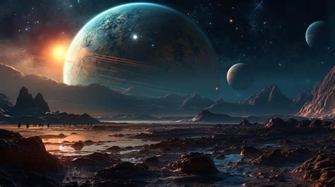 Vista Desde Un Planeta Sin Vida Al Espacio Y Los Planetas Ia Generativa Foto Premium