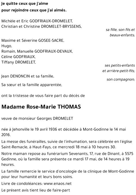 Avis De Décès De Rose Marie Thomas Décédé Le 14 05 2016 à Annonce