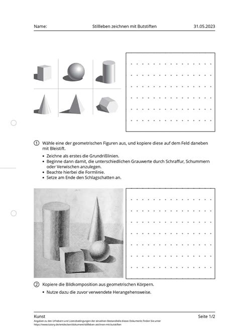 Arbeitsblatt Stillleben Zeichnen Mit Butstiften Kunst Tutoryde