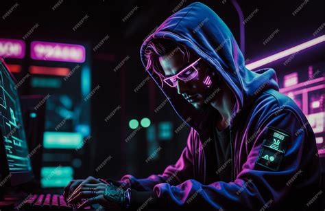 Hacker Man On Computer Hacker In Hoodie Cybercrime Concept Cyber