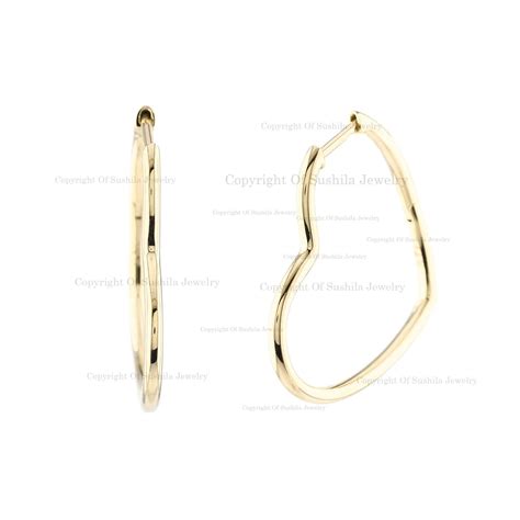 14k Solid Gold Heart Hoop Earrings Dainty Handmade Jewelry Etsy