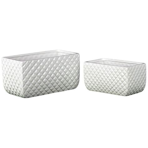 Ceramic Rectangular Pots With Diagonal Pattern Set Of Two White
