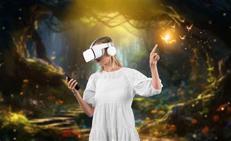 Girl Wearing Vr Glasses While Holding Phone And Pointing At View Contraption Stock