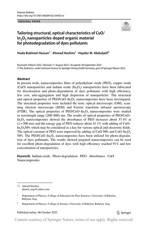 Tailoring Structural Optical Characteristics Of Cuoin2o3 Nanoparticles Doped Organic Material