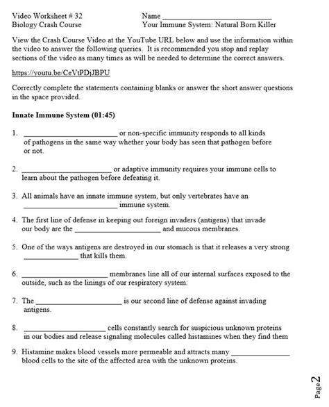 Crash Course Biology Video Worksheet 32 Your Immune System Natural