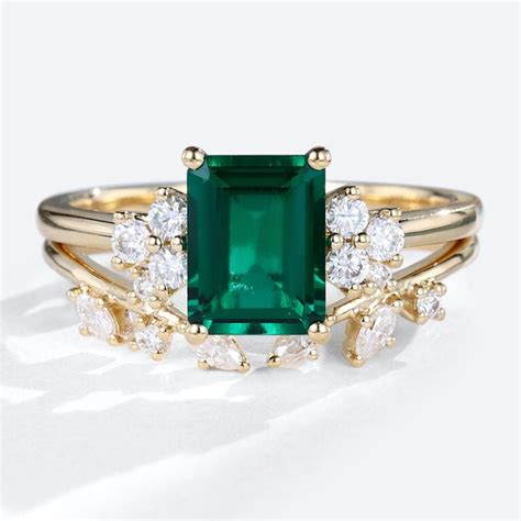 Emerald Cut Lab Emerald Rings With Open Curved Wedding Band Set