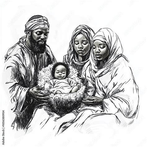 Realistic African American Hand Drawn Nativity Scene With African