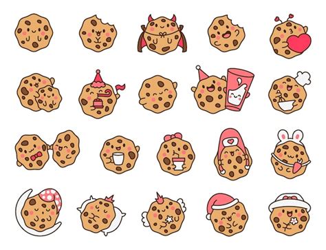 Premium Vector Cute Kawaii Cookies Cartoon Choco Chip Characters Funny Food Hand Drawn Style