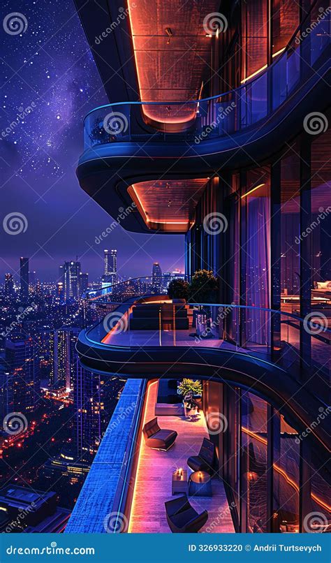Modern Luxury Apartment Balcony At Night With Stunning Cityscape View