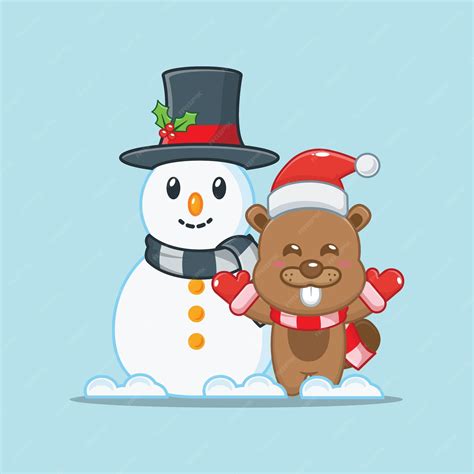 Castor Fofo Com Boneco De Neve No Dia De Natal Ilustração Fofa Dos Desenhos Animados De Natal