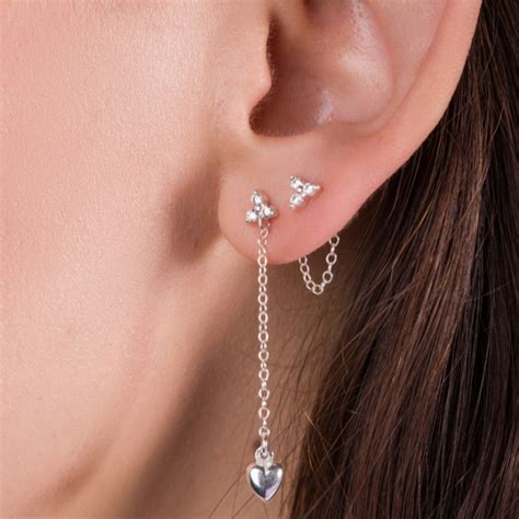 White Rhodium 15mm 3 Cubic Zirconias Earring Support 1pair G Silver