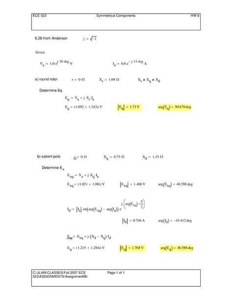 Assignment 8 With Solution For Symmetrical Components Ece 523 Docsity