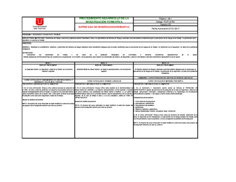 Matriz De Investigación Formativa En Seguridad Y Salud En El Trabajo