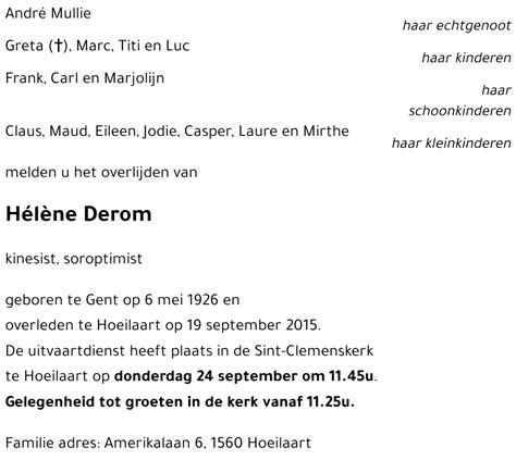 Avis De Décès De Hélène Derom Décédé Le 19 09 2015 à Hoeilaart