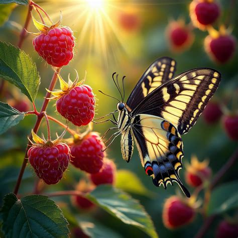 Raspberry Thickets Raspberry Berries Leaves Sunbeam Swallowtail