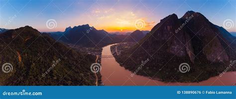 Aerial Panoramic Nam Ou River Nong Khiaw Muang Ngoi Laos Sunset