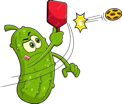 Premium Vector Funny Pickle Cartoon Character Hits A Pickleball Shot Vector Hand Drawn