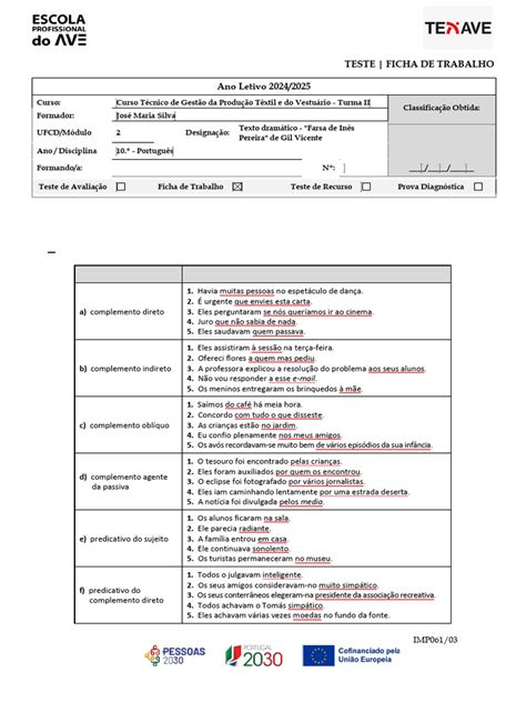 Ficha De Trabalho Gramatica Complemento Do Verbo Predicativo Do