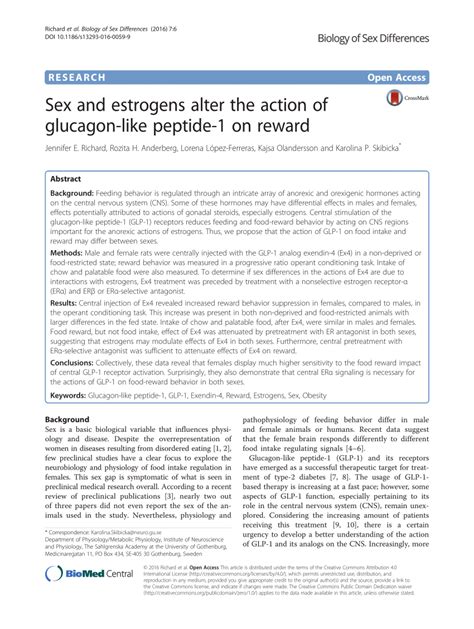 Pdf Sex And Estrogens Alter The Action Of Glucagon Like Peptide 1 On Reward