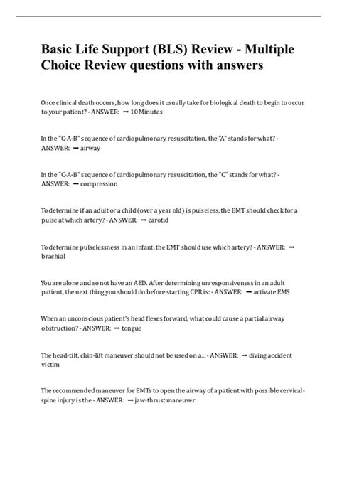 Basic Life Support Bls Review Multiple Choice Review Questions With