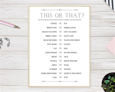 This Or That Printable Game Work Happy Hour Activity Digital Download