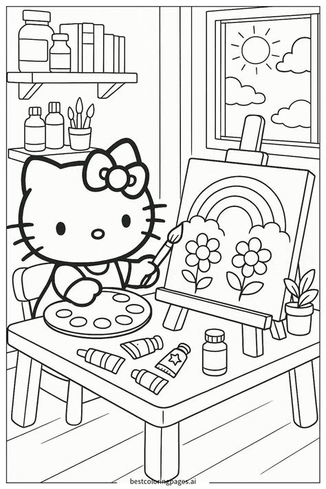 Hello Kitty Malt Ein Buntes Bild Ausmalbilder Kostenlos Druckbar Bestcoloringpages Ai