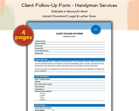 Client Follow Up Form Editable And Printable Template Handyman Home