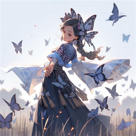 Premium Ai Image Anime Girl In A Blue Dress With Butterflies Flying Around Her Generative Ai