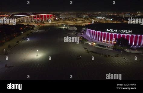 Aerial 4k Night Footage Of Kia Forum And Sofi Stadium In Inglewood In