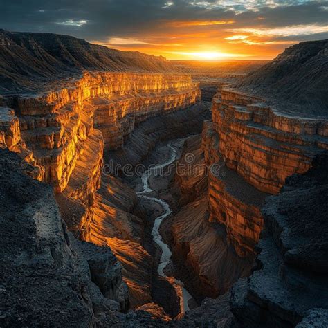 Majestic Sunset Over Grand Canyon Like Landscape With Deep Canyons
