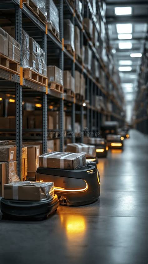 automated delivery robots working efficiently in a busy warehouse at dusk generative ai stock