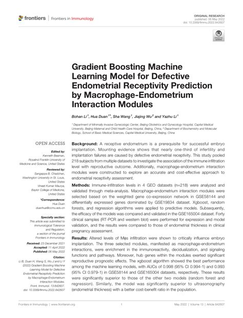 Pdf Gradient Boosting Machine Learning Model For Defective Endometrial Receptivity Prediction