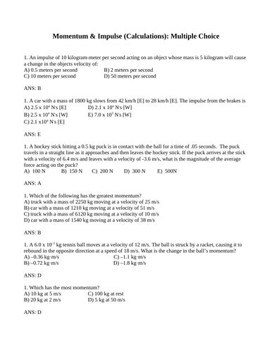 Calculating Momentum And Impulse Physics Multiple Choice With Answers