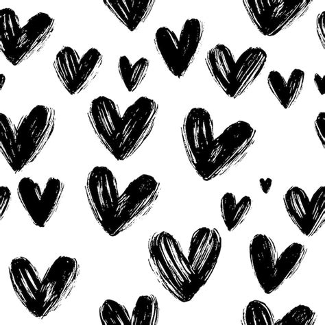 Handdrawn Black Hearts Pattern On White Background Premium Vector