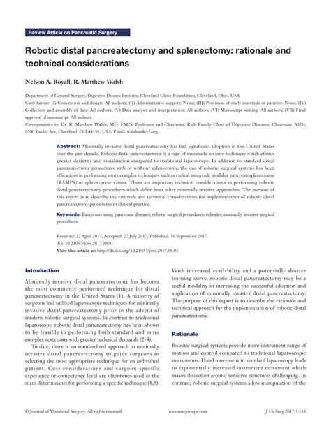 Pdf Robotic Distal Pancreatectomy And Splenectomy Rationale And