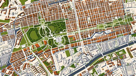 A Detailed City Map With Parks Streets And Buildings The Map Has A