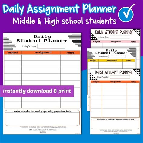Printable Assignment Planner For Middle And High School Students