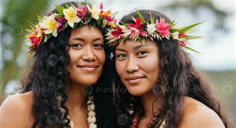 Joyful Tropical Gathering With Two Young Polynesian Women In
