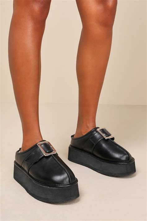 Black Flatform Slides Faux Fur Slide Slippers Buckle Slides Lulus